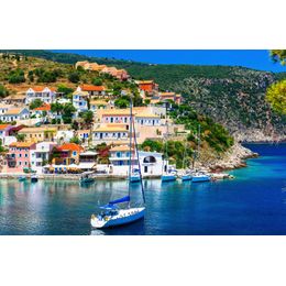 papermoon Fototapete "DORF AM MEER-KEFALONIA INSEL MEER BOOTE KLIPPEN STRAND", B/L: 3,5mm x 2,6mm, Bahnen: 7 Stk. St., bunt, Schlafzimmer, Tapeten