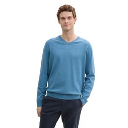 Tom Tailor Herren V-Ausschnitt-Pullover, blau, Gr. L, meliert, Strick, Obermaterial: 100% Baumwolle, Pullover, mit kleiner Logo-Stickerei