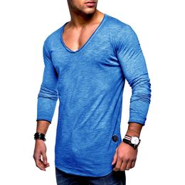behype Herren Langarmshirt "NUKE L/S", blau, Gr. M, unifarben, 100% Baumwolle, Shirts, mit V-Ausschnitt