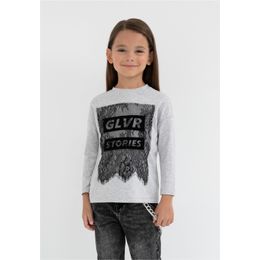 Gulliver M&auml;dchen Langarmshirt, grau, Gr. 104, bedruckt, 95% Baumwolle, 5% Elasthan, Shirts, mit zartem Spitzendekor
