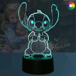 Lilo Stitch Lampe, 3D-Cartoon-Nachtlicht, Prinzessin, Schlafzimmer, Nachttischlampe, USB-Fernbedienung, mehrfarbig, Illusion, Schreibtischlampe,