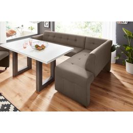 Eckbank exxpo - SOFA FASHION "Barista mit toller Detailverarbeitung, hohe Bodenfreiheit", beige (sahara), B:157cm H:82cm T:245cm, Microfaser (Zusammensetzung: 100% Polyester), Lederfaserstoff (Grundgewebe 41% Lederfaser, 39% Polyester, 20% Baumwolle), Sitzbänke, Komfortsitzhöhe 49cm, Frei im Raum stellbar