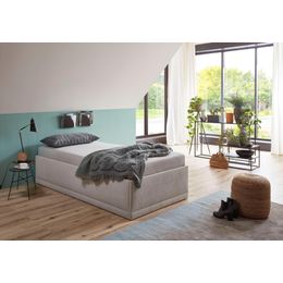 Polsterbett "Texel", beige, B:126cm H:42cm L:206cm, Bezug Bett: Veloursstoff 100% Polyester;Bonnell-Federkernmatratze: 51% Polypropylen, 39% Polyester und 10% Baumwolle;Kaltschaummatratze: 100% Polyester, Bezug abnehm- und waschbar bis 60C;Kissenbezug: 100% Polyester, Füllung : 100% Polyester (Hohlfaser), Westfalia Schlafkomfort, Betten, Komforthöhe mit Zierkissen, Bettkasten bei Ausführung mit Ma