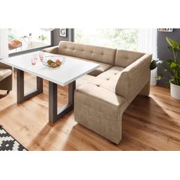 Eckbank exxpo - SOFA FASHION "Barista mit toller Detailverarbeitung, hohe Bodenfreiheit", beige (sahara), B:157cm H:82cm T:245cm, Microfaser (Zusammensetzung: 100% Polyester), Lederfaserstoff (Grundgewebe 41% Lederfaser, 39% Polyester, 20% Baumwolle), Sitzbänke, Komfortsitzhöhe 49cm, Frei im Raum stellbar