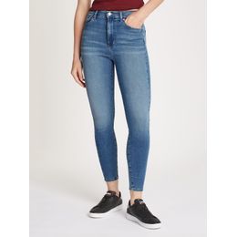 Skinny-fit-Jeans Tommy Jeans "SYLVIA HGH SKN ANK CH0238", Damen, Gr. 26, Länge 30, blau (denim medium), Denim/Jeans, Obermaterial: 92% Baumwolle, 6% Elastomultiester, 2% Elasthan, unifarben, casual, skinny fit 7/8-Länge, Jeans, mit Logostickereien und Nieten