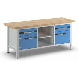 eurokraft pro Werkbank, Gestellbauweise Serie 8000, 2 Schubladen 180 mm, 2 Türen 360 mm, 1 Ablageboden, 1 Fachboden, BxT 2000 x 700 mm