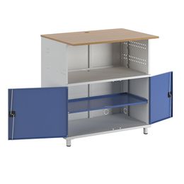 Rau PC-Tisch, mit durchgehendem Fachboden, lichtgRau RAL 7035 / enzianblau RAL 5010