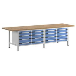 eurokraft pro Werkbank, Gestellbauweise Serie 8000, 16 Schubladen: 8 x 120, 8 x 150 mm, BxT 3000 x 900 mm