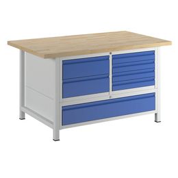 Rau Werkbank, Gestellbauweise, 6 Schubladen Größe L, 1 Schublade Größe XXL, Tiefe 900 mm, Breite 1500 mm