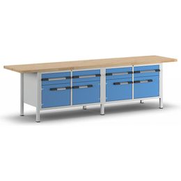 eurokraft pro Werkbank, Gestellbauweise Serie 8000, 4 Schubladen 180 mm, 4 Türen 360 mm, BxT 3000 x 700 mm