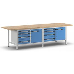 eurokraft pro Werkbank, Gestellbauweise Serie 8000, 8 Schubladen: 4 x 90, 4 x 180 mm, 2 Türen 540 mm, BxT 3000 x 900 mm
