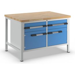 eurokraft pro Werkbank, Gestellbauweise Serie 8000, 2 Schubladen 180 mm, 2 Türen 360 mm, BxT 1250 x 900 mm