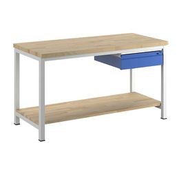 Rau Werkbank, Gestellbauweise, 1 Schublade Größe L, 1 Ablageboden Buche massiv, Tiefe 700 mm, Breite 1500 mm