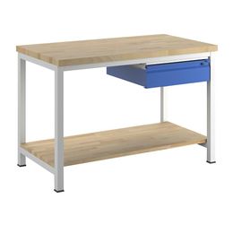 Rau Werkbank, Gestellbauweise, 1 Schublade Größe L, 1 Ablageboden Buche massiv, Tiefe 700 mm, Breite 1250 mm