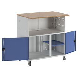 Rau PC-Tisch, mit Mitteltrennwand, mit Fahrsatz, lichtgRau RAL 7035 / enzianblau RAL 5010