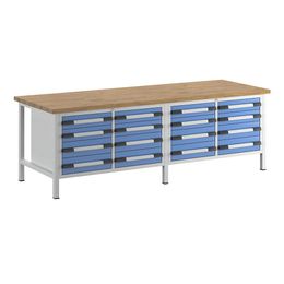 eurokraft pro Werkbank, Gestellbauweise Serie 8000, 16 Schubladen: 8 x 120, 8 x 150 mm, BxT 2500 x 900 mm