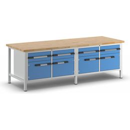 eurokraft pro Werkbank, Gestellbauweise Serie 8000, 4 Schubladen 180 mm, 4 Türen 360 mm, BxT 2500 x 900 mm