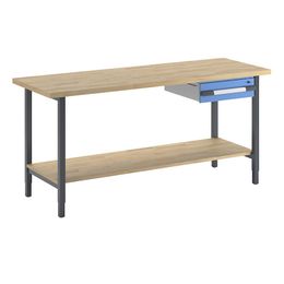 eurokraft pro Höhenverstellbare Werkbank, Gestellbauweise, 1 Schublade, 1 Ablageboden, Breite 2000 mm, anthrazit / blau