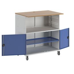 Rau PC-Tisch, mit durchgehendem Fachboden, mit Fahrsatz, lichtgRau RAL 7035 / enzianblau RAL 5010