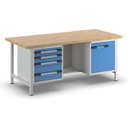 eurokraft pro Werkbank, Gestellbauweise Serie 8000, 4 Schubladen: 2 x 90, 1 x 120, 1 x 240 mm, 1 Tür 540 mm, Mitte offen, BxT 2000 x 900 mm