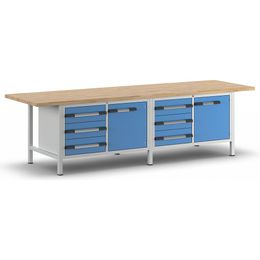 eurokraft pro Werkbank, Gestellbauweise Serie 8000, 6 Schubladen 180 mm, 2 Türen 540 mm, 1 Fachboden, BxT 3000 x 900 mm