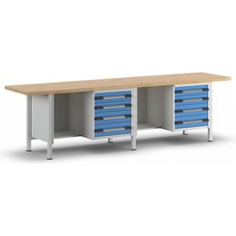 eurokraft pro Werkbank, Gestellbauweise Serie 8000, 8 Schubladen: 4 x 120, 4 x 150 mm, extrabreit, BxT 3000 x 700 mm