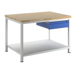 Rau Werkbank, Gestellbauweise, 1 Schublade Größe L, 1 Ablageboden Stahlblech, Tiefe 900 mm, Breite 1250 mm