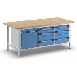 eurokraft pro Werkbank, Gestellbauweise Serie 8000, 6 Schubladen: 2 x 90, 2 x 180, 2 x 270 mm, 1 Tür 540 mm, BxT 2000 x 900 mm