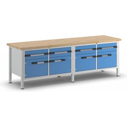 eurokraft pro Werkbank, Gestellbauweise Serie 8000, 4 Schubladen 180 mm, 4 Türen 360 mm, BxT 2500 x 700 mm