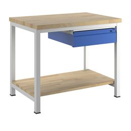 Rau Werkbank, Gestellbauweise, 1 Schublade Größe L, 1 Ablageboden Buche massiv, Tiefe 700 mm, Breite 1000 mm
