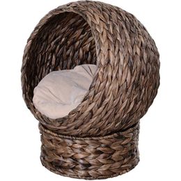 PawHut - Rattan Katzenkorb Katzenhütte Katzenhöhle Katzenbett mit Kissen Haustierbett aus Wasserhyazinthe für Wohnzimmer Dunkelbraun 50 x 42 x 60 cm