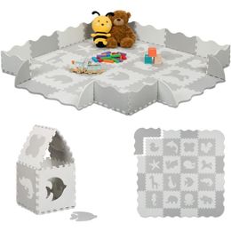 Puzzlematte, 36-tlg. Spielmatte mit Rand, Tiermotive, schadstofffreier Schaumstoff, Kindermatte, weiß/grau - Relaxdays