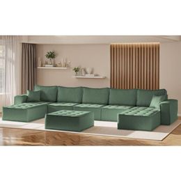 Wohnlandschaft Sofa U-Form Modulsofa-Set 6-teilig sande Stoff Raven Flaschengrün