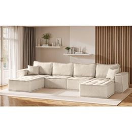 Wohnlandschaft Sofa U-Form Modulsofa-Set 4-teilig sande Stoff Raven Creme