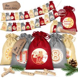 Kesser Adventskalender zum Befüllen 24 Jutebeutel Gedruckte Stoffbeutel Kinder Weihnachtskalender zum Selber Befüllen Inkl. 24x Schildchen Rot / 20x12cm