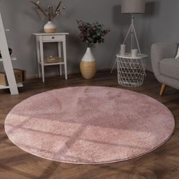 Paco Home - Teppich Wohnzimmer Kunstfell Shaggy Hochflor Waschbar In Waschmaschine Soft Uni Rosa ø 100 cm Rund