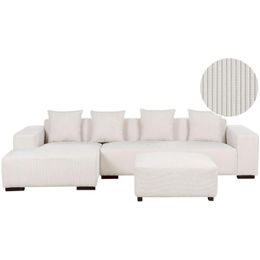 Beliani - 4-Sitzer Ecksofa Cremeweiß Stoffbezug Cord L-Förmig mit Ottomane Chaiselongue Rechtsseitig 4 Dekokissen Modern Wohnzimmer Wohnlandschaft