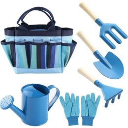 Blau) Kinder-Gartenwerkzeug-Set, 6-teiliges Gartenwerkzeug-Set für Kinder mit Gießkanne, Gartenhandschuhen, Schaufel, Rechen, Kelle