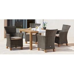 Garten-Essgruppe Merxx "Toskana", braun (hellbraun), Polyrattan, Sitzmöbel-Sets, 4 Sessel, Tisch 110x110x75 cm, Polyrattan/Akazie