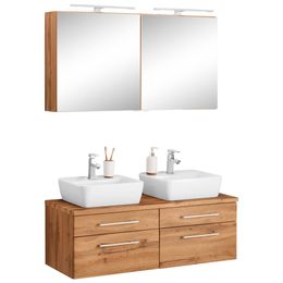 Badmöbel-Set Welltime "Davos", braun (eichefarben), Kastenmöbel-Sets, mit 2 LED-Spiegelschränken