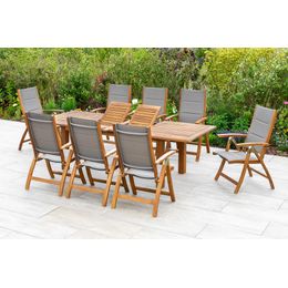 Garten-Essgruppe Merxx "Acapulco", grau (grau, braun), B:60,5cm H:111cm T:60cm, FSC-zertifiziertes Massivholz, Polyester, Sitzmöbel-Sets, 8 Klappsessel, ausziehbarer Tisch