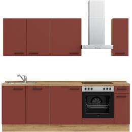 Küchenzeile Nobilia ""Easytouch basic"", rot (küche: front: lacklaminat rostrot ultramatt, korpus: eiche sierra nachbildung, arbeitsplatte: eiche sierra nachbildung, arbeitsplatte: eiche sierra nachbildung), B:240,3cm H:216,6cm T:60cm, Komplettküchen-Sets, vormontiert, Ausrichtung wählbar, Breite 240 cm, mit E-Geräten