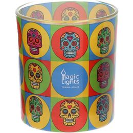 Edm - E3/84056 vela en vaso pop art Ø7,5cm al.8,4cm skull magic lights