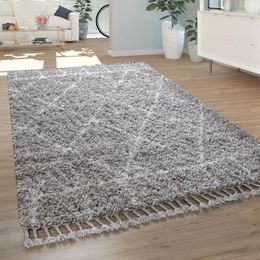 Paco Home - Hochflor Teppich Grau Wohnzimmer Orientalisches Muster Berber Stil Weich Shaggy 80x150 cm