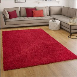 Paco Home Shaggy Hochflor Langflor Teppich Sky Einfarbig in Rot Ø 160 cm Rund