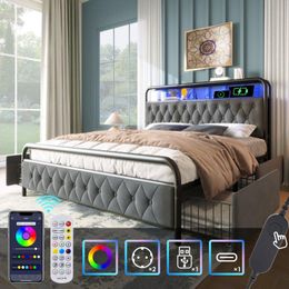 Okwish - Polsterbett Doppelbett mit aufladen usb Type c Ladefunktion APP-Control led Bettgestell Metallbett 140×200 Bettrahmen und 4 Schubladen, Samt