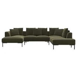 Ecksofa FLEXLUX "Sava U-Form, bequem und komfortabel durch den hochwertigen Sitzaufbau", grün (moss grün), B:370cm H:94cm T:222cm, 100% Polyester, Sofas, Schwarze Metallfüße, mit losen Rückenkissen, Luxuriöses Sitzkomfort