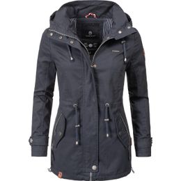 Outdoorjacke Marikoo "Nyokoo", Damen, Gr. S (36), blau (navy), Oberstoff: 100% Baumwolle; Futter: 100% Polyester; Wattierung: 100% Polyester; Ärmelfutter: 100% Polyester, modisch, tailliert Po-bedeckend, Langarm verstellbar normaler Saum mit Druckknöpfen,verstellbar, Jacken, modische Baumwoll Übergangsjacke mit großer Kapuze