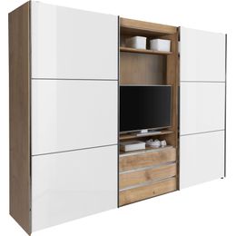 Schwebetürenschrank wimex "Magic by fresh to go", braun (plankeneichefarben, außentüren weißglas), B:300cm H:236cm T:65cm, Schränke, tolles EXTRA: mit drehbarem TV-Element, Fronten aus Glas