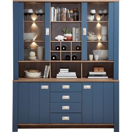 Buffet Innostyle "DIJON", blau, B:163cm H:201cm T:45cm, Holzwerkstoff, MDF, Glas, Schränke, 4 türig, 18 Fächer davon 6 für Flaschen, LEB Beleuchtung, Softclose